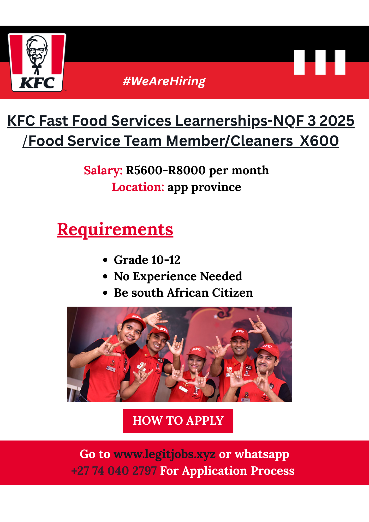 KFC Fast Food Services Learnerships-NQF 3 2025 | Legit Jobs
