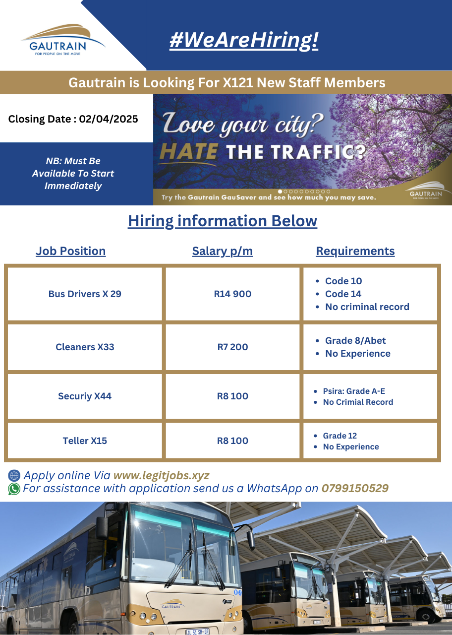 Job Opportunity At Gautrain: Cleaners, Tellers, Security Personnel, And ...