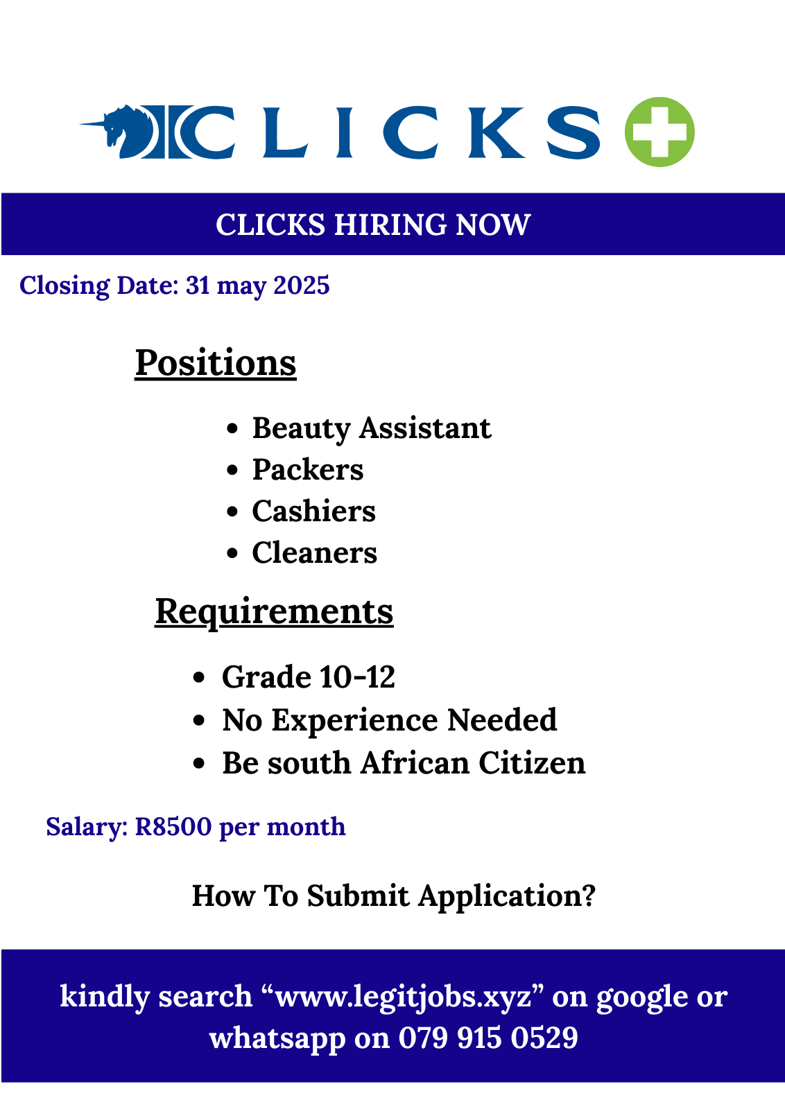 Clicks Jobs: Beauty Assistant/cleaners/cashiers 2025 | Legit Jobs